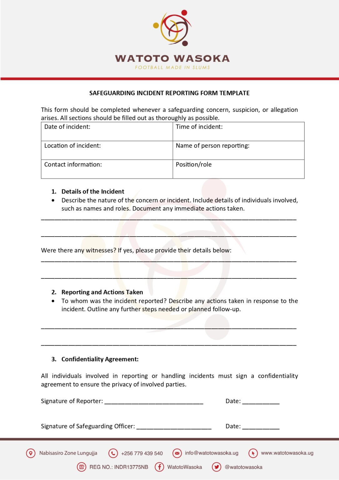 Safeguarding Incident Reporting Form Template | Watoto Wasoka